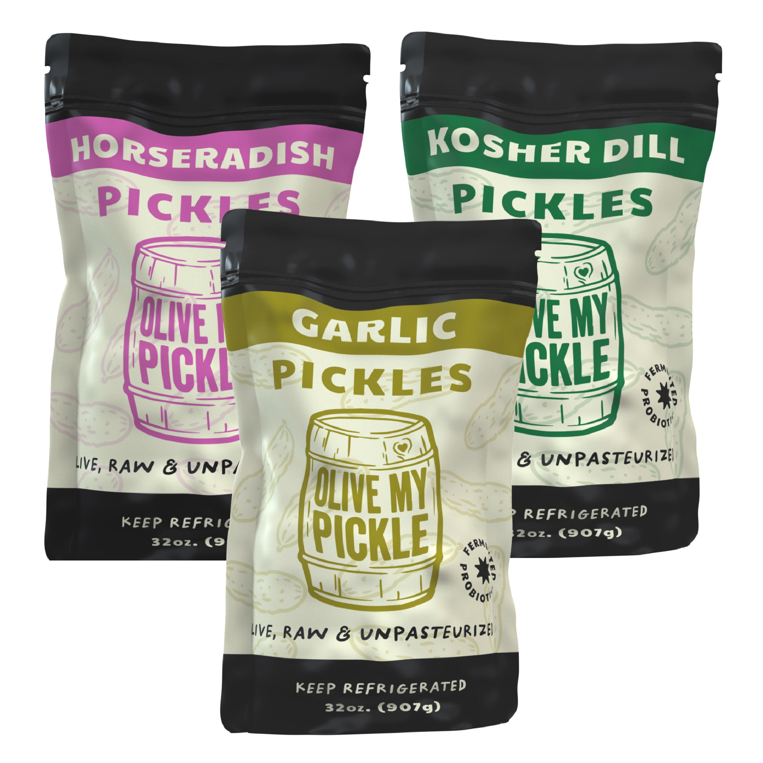 Fermented Flavored Pickle Bundle: Garlic, Kosher Dill, Horseradish