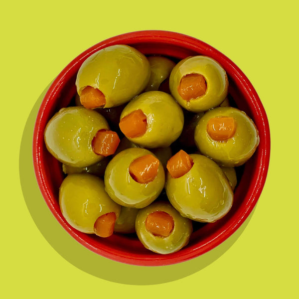 Sweet Red Pepper Stuffed Green Olives | Olive My Pickle